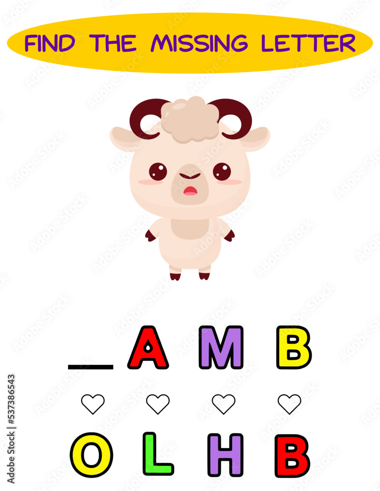 Find missing letter. kawaii lamb. Educational spelling game for kids ...