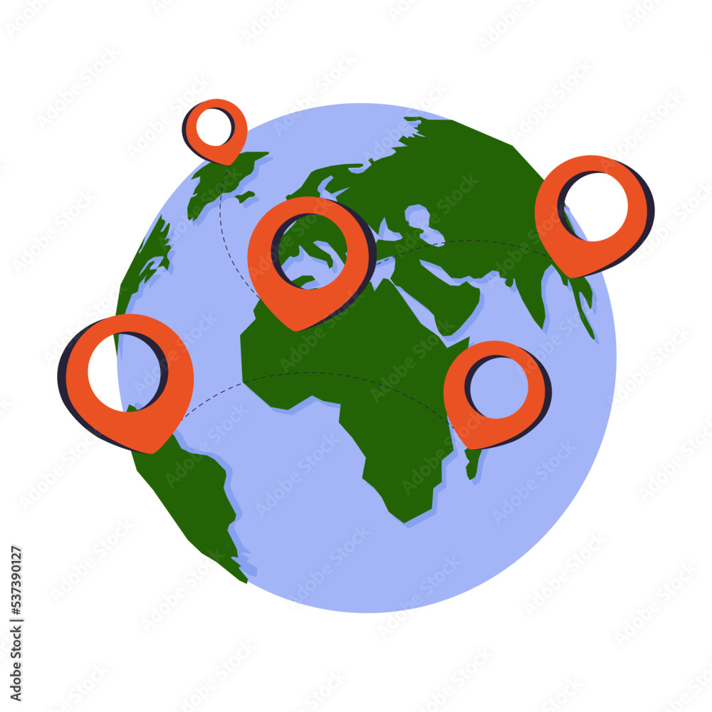 Cartoon earth globe with pinpoints online deliver service, delivery ...