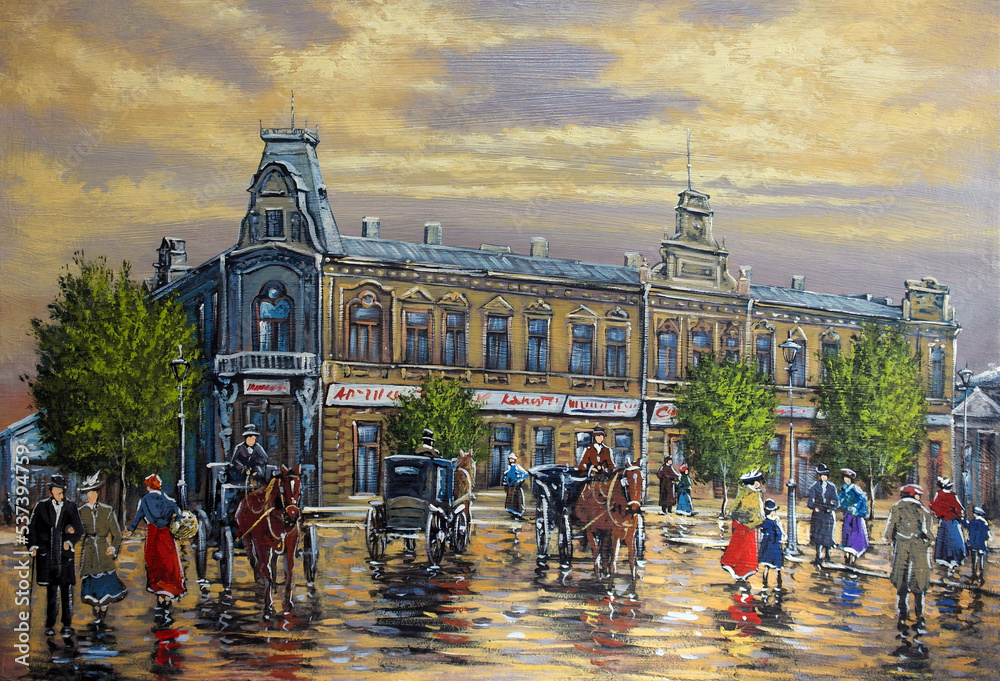 Oil paintings landscape, old city, street in city. Fine art. The square ...