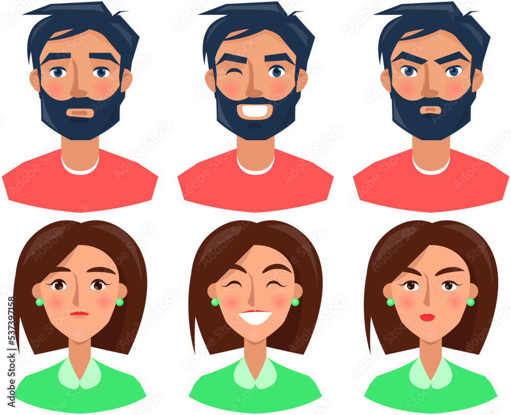 Positive and negative face expressions of man and woman. Cute faces of ...