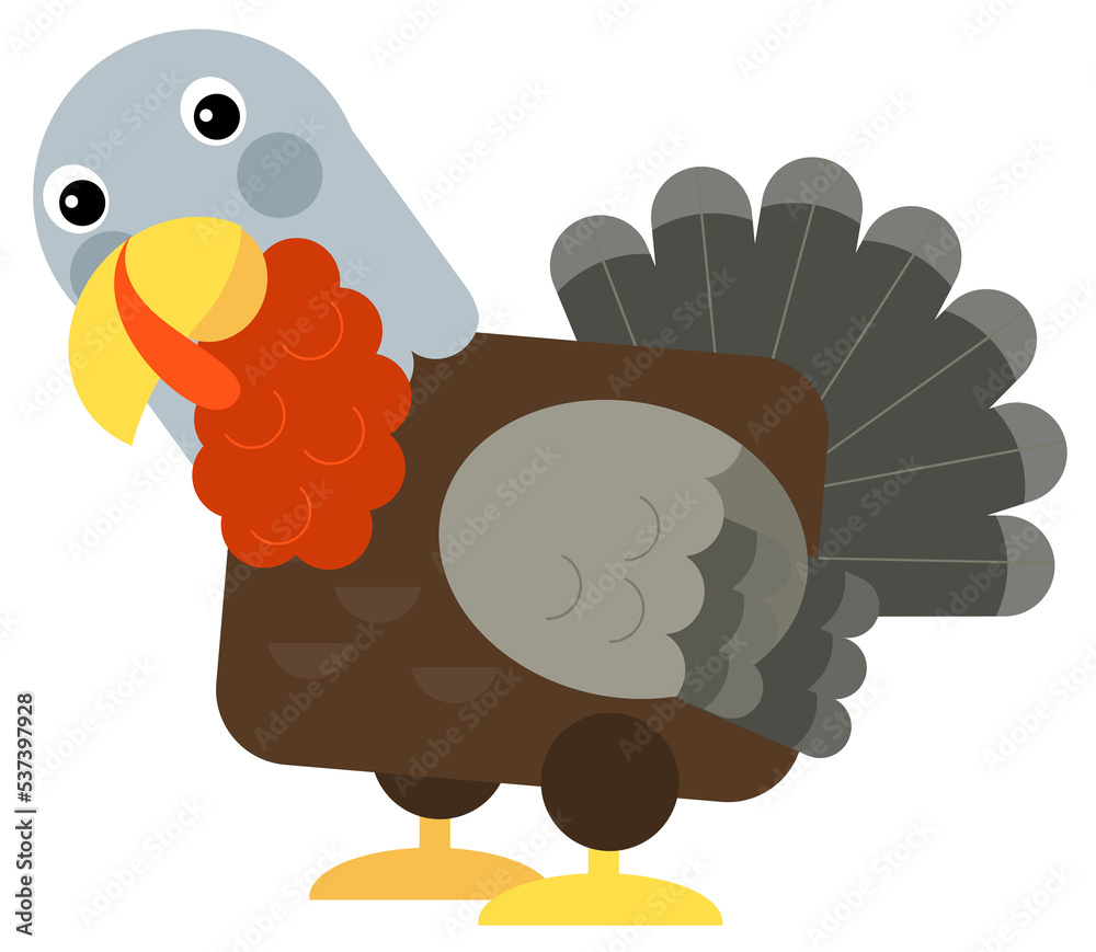 Cartoon scene turkey is standing looking and smiling on white ...