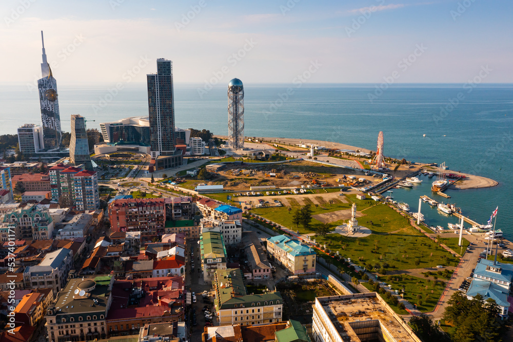 Drone view of the resort port city of Batumi, located off the Black Sea ...