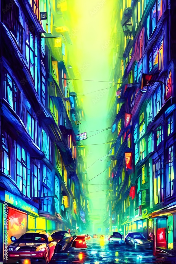The city street is a lively place at night. The colors of the buildings ...