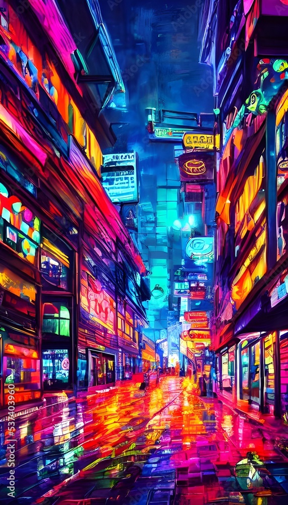 The city street is alive with color at night. The neon signs reflect ...