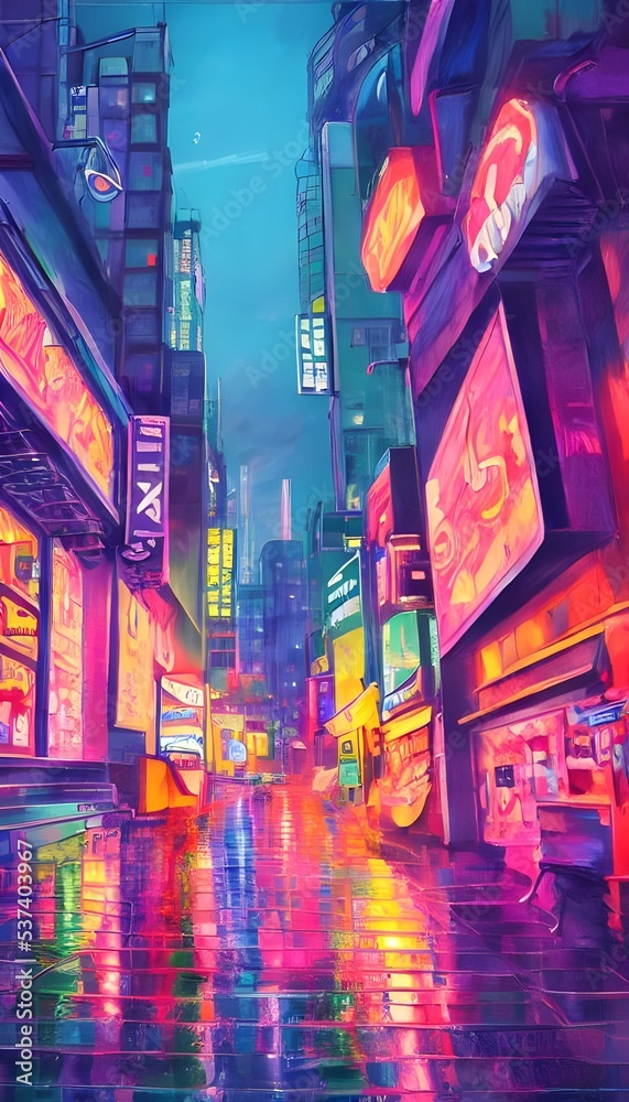 The city street is alive with color from the neon lights. They cast an ...