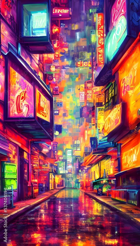 It's a city street at night and the neon lights are shining brightly in ...