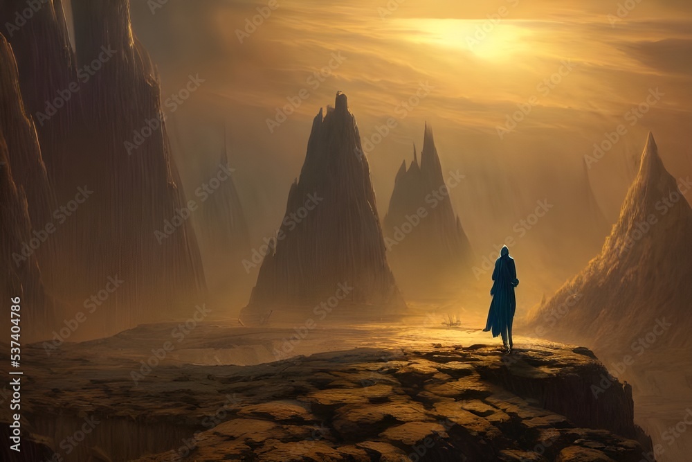 There is a single figure in the vast and empty landscape of an alien ...