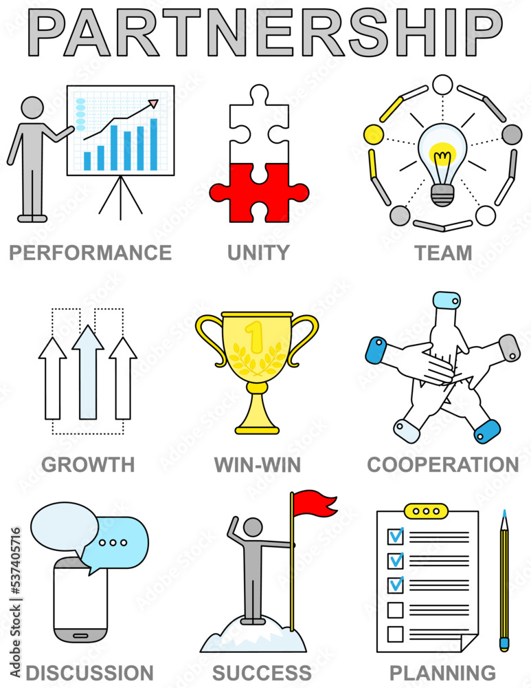 Partnership, cooperation and teamwork icons set. Employees giving ...