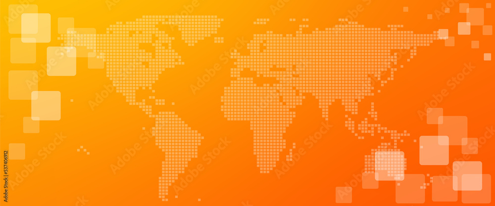 Website header banner, World map in graphic form with orange background ...