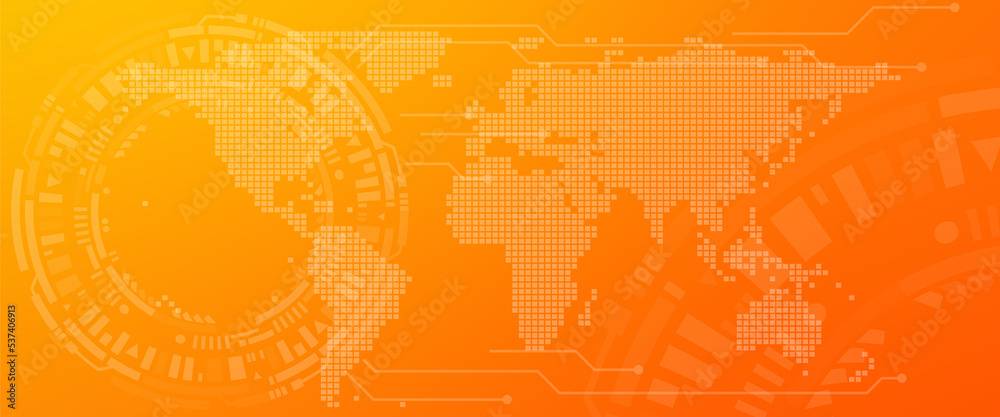 Website header banner, World map in graphic form with orange background ...