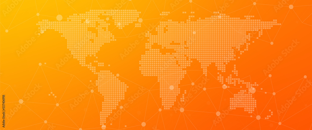 Website header banner, World map in graphic form with orange background ...