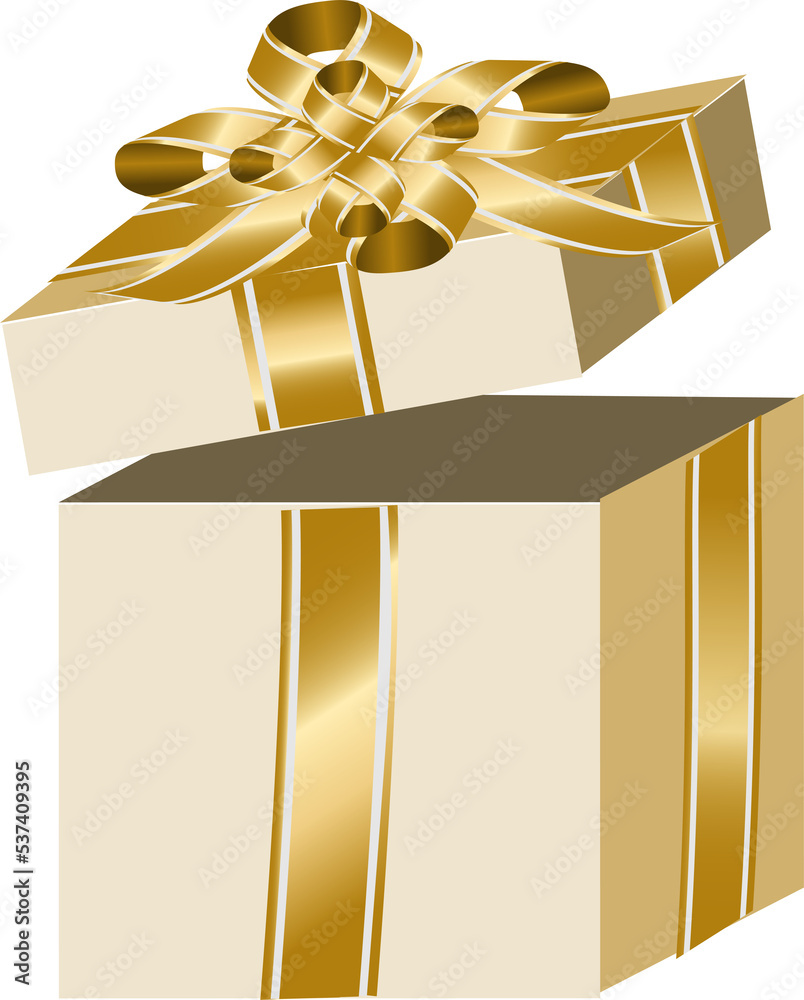 Opening gold gift box with gradient ribbon. For Christmas, New Year ...