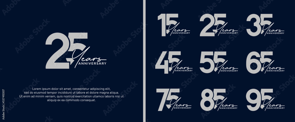 set of anniversary logo flat silver color on dark blue background for ...