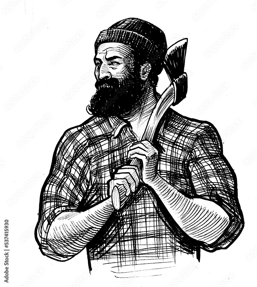 Canadian logger with axe. Ink black and white drawing ilustração do ...