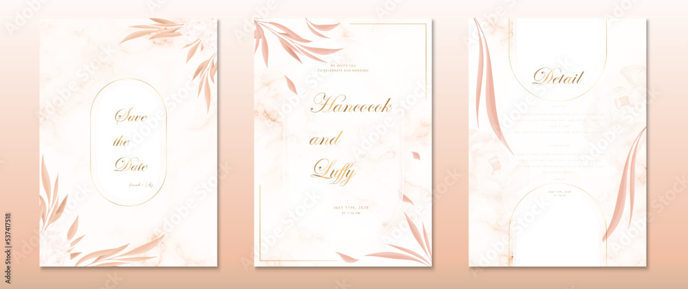 Wedding invitation card template orange background floral design luxury ...