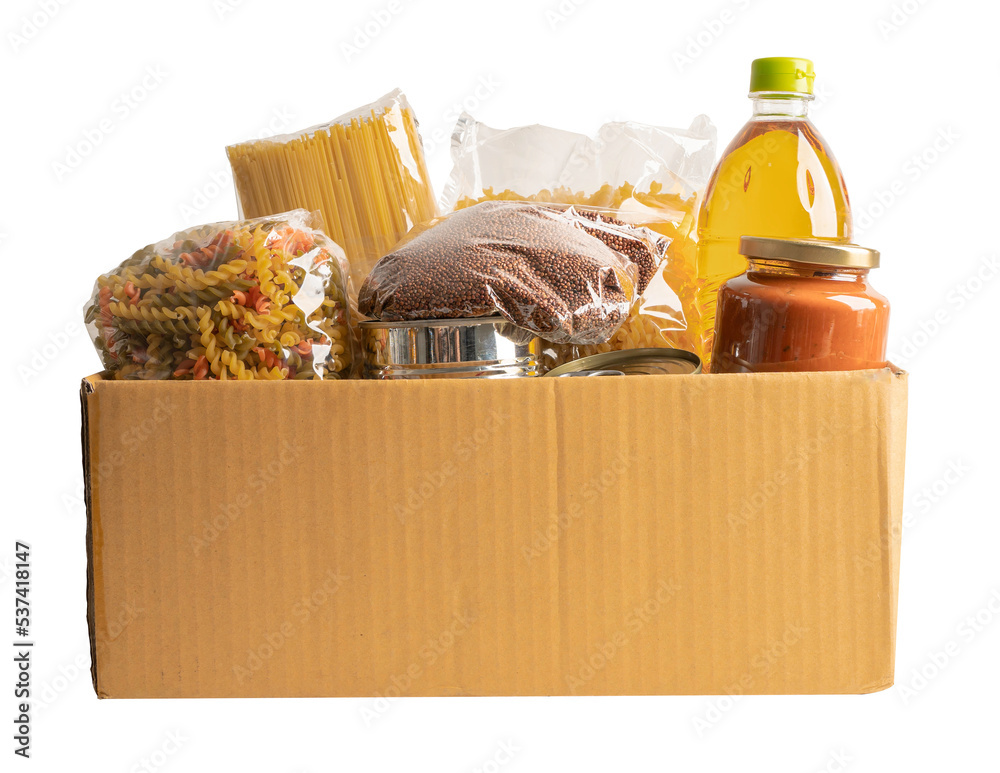 Foodstuff for donation, storage and delivery. Various food, pasta ...