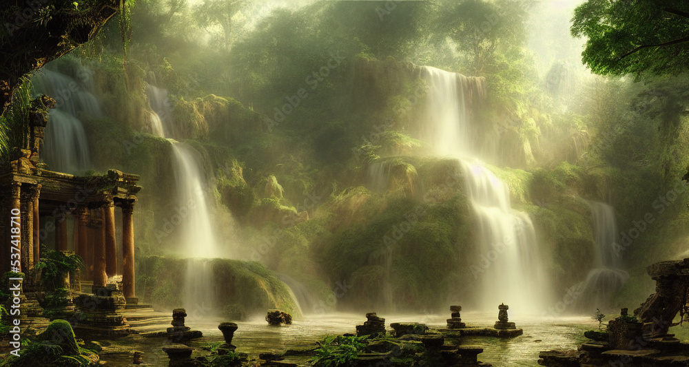 waterfall from mountains in the treasure island Stock Illustration ...