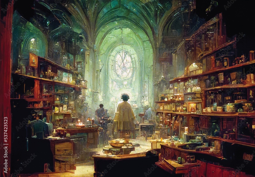 Alchemist office with laboratory fixtures, office room in an palace ...