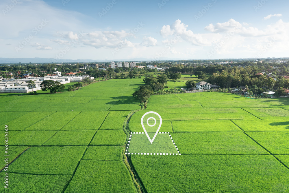 Land plot in aerial view. Identify registration symbol of vacant area ...