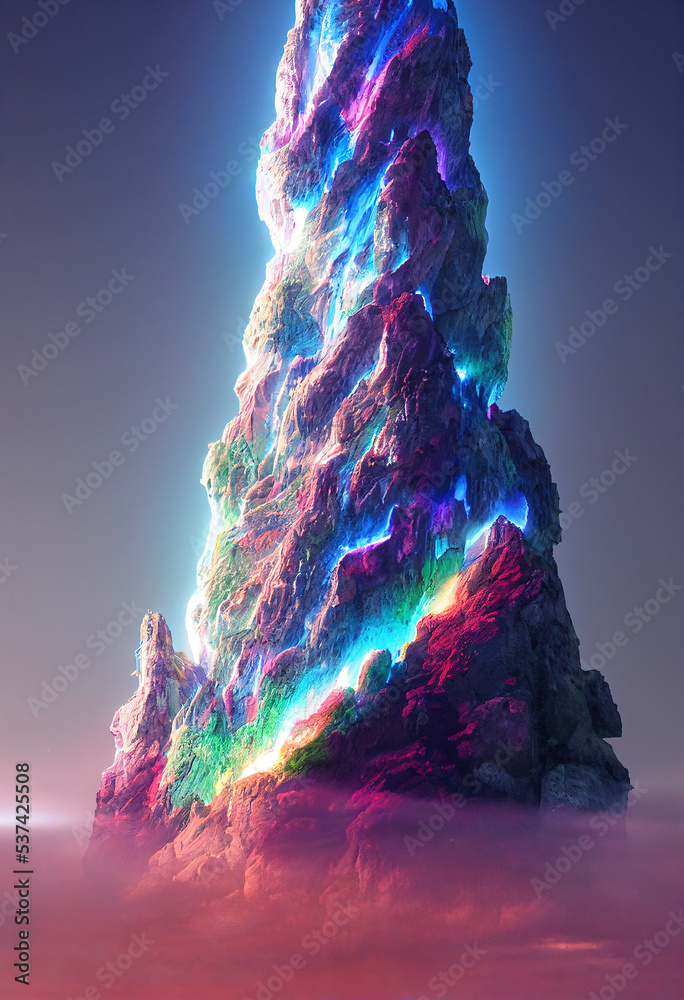 A massive wizard's tower on a rugged cliffside, glowing brightly and ...