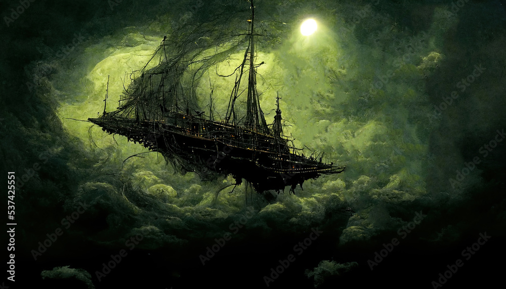 a monstrous living dead warship ship with sickly see through sails, in ...