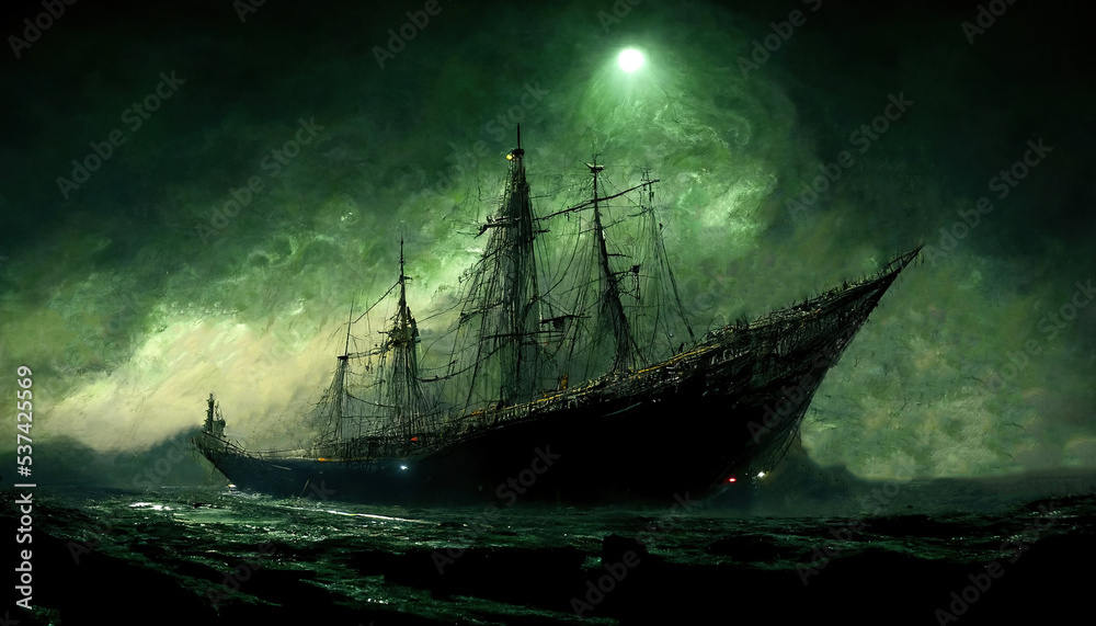 a monstrous living dead warship ship with sickly see through sails, in ...