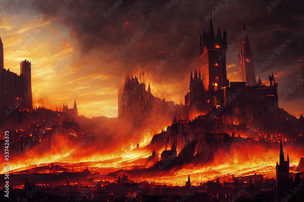 Medieval cities on Hell Wildfire. Scene for Mystery, Fantasy Novel ...