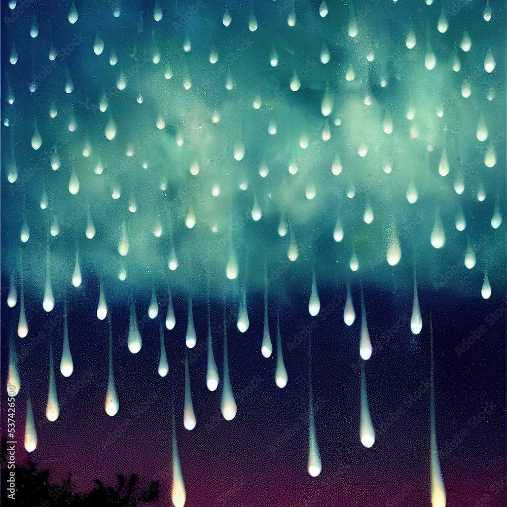 Surrealism drops falling from crystal clouds. foggy, beautiful, glowing ...