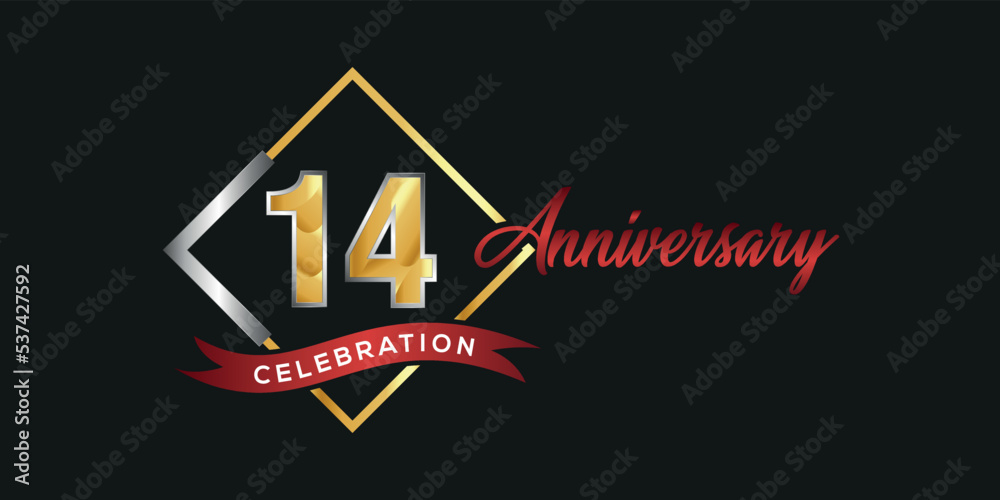 14th anniversary logo with golden and silver box, confetti and red ...