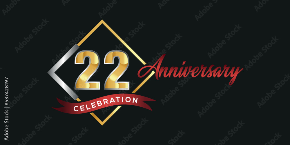 22nd anniversary logo with golden and silver box, confetti and red ...