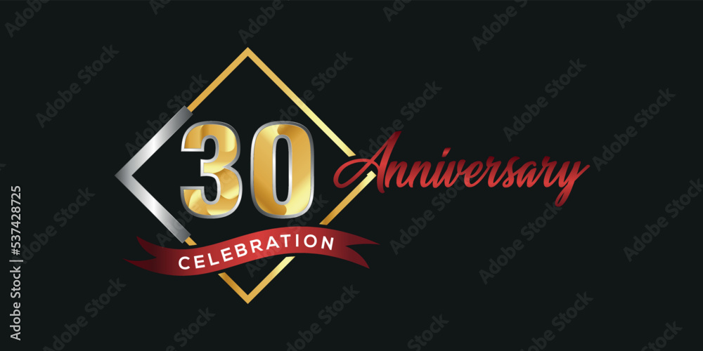 30th anniversary logo with golden and silver box, confetti and red ...