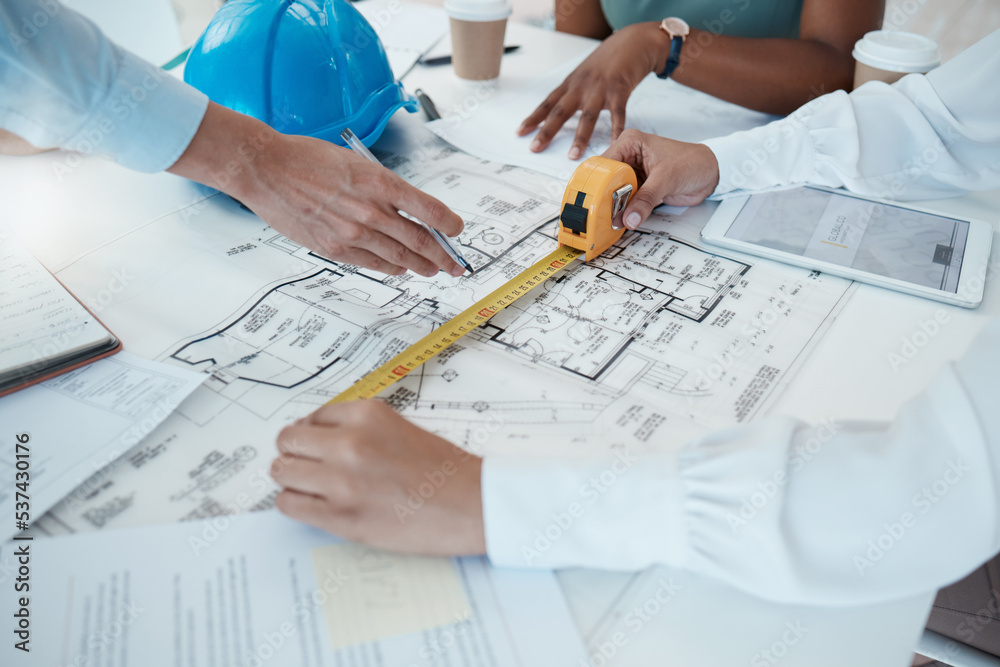 Architecture hands, blueprint design and tape measure for construction ...