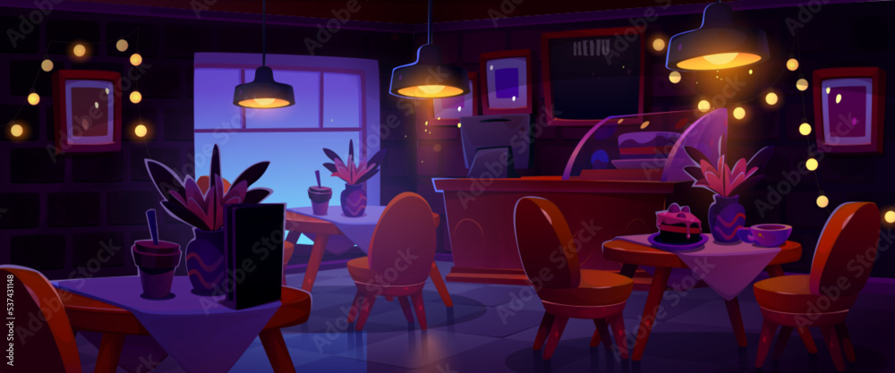 Cafe or coffee house interior with wooden tables and chairs, counter ...