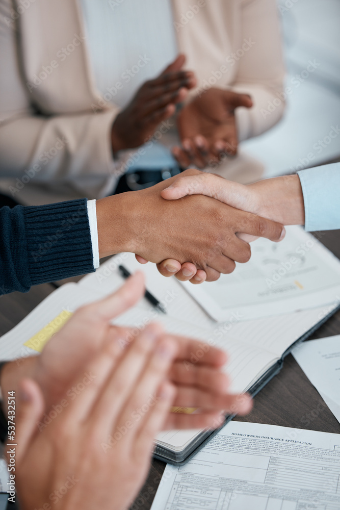 Deal, contract and handshake with business people in partnership for ...