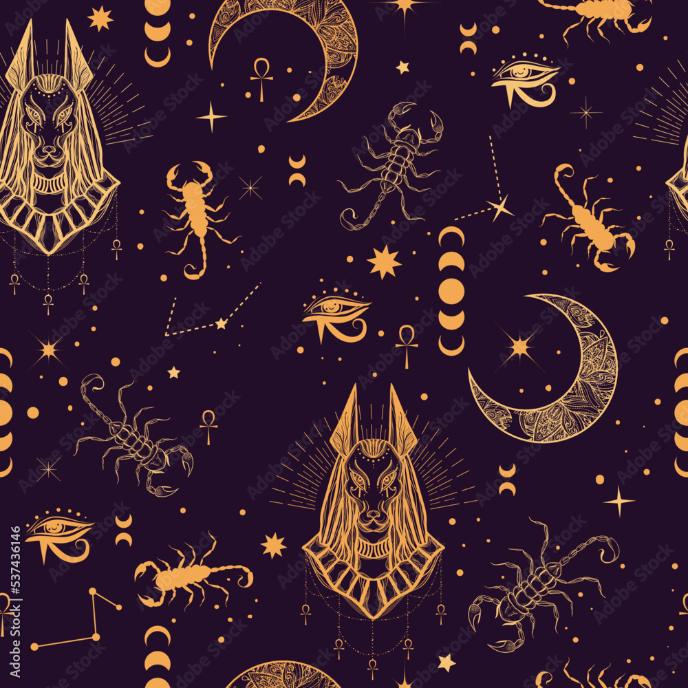 Seamless pattern of egyptian god Anubis with scorpion, moon and ...