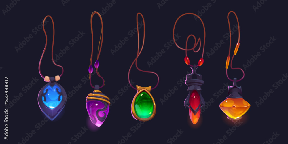 Set of magic amulets on necklace isolated on dark background. Cartoon ...