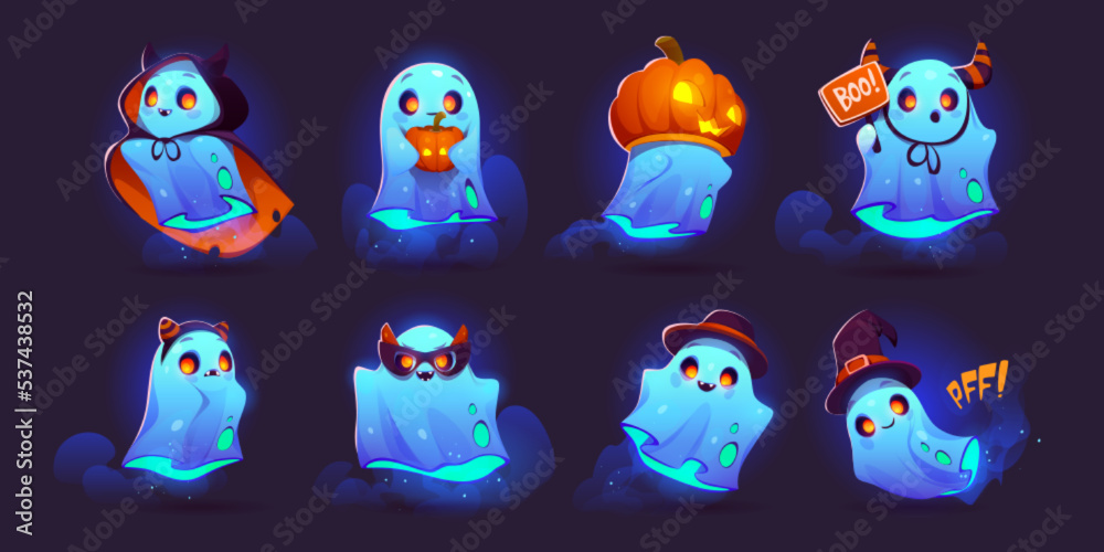Cartoon set of Halloween ghosts on dark background. Spooky neon spirit ...