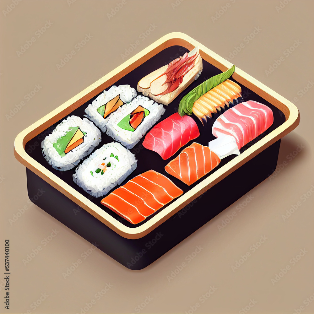 Shushi in anime style. Sushi isometric illustration. Sushi rolls with ...
