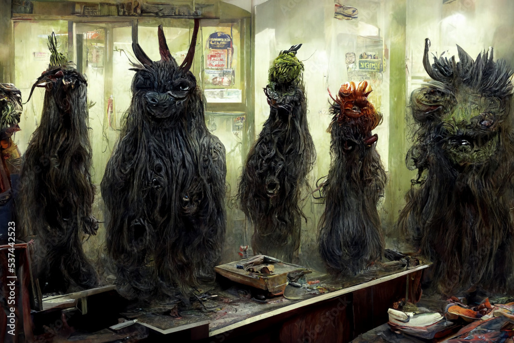 Ilustração do Stock: Nightmare monsters at the barber shop. Scary ...
