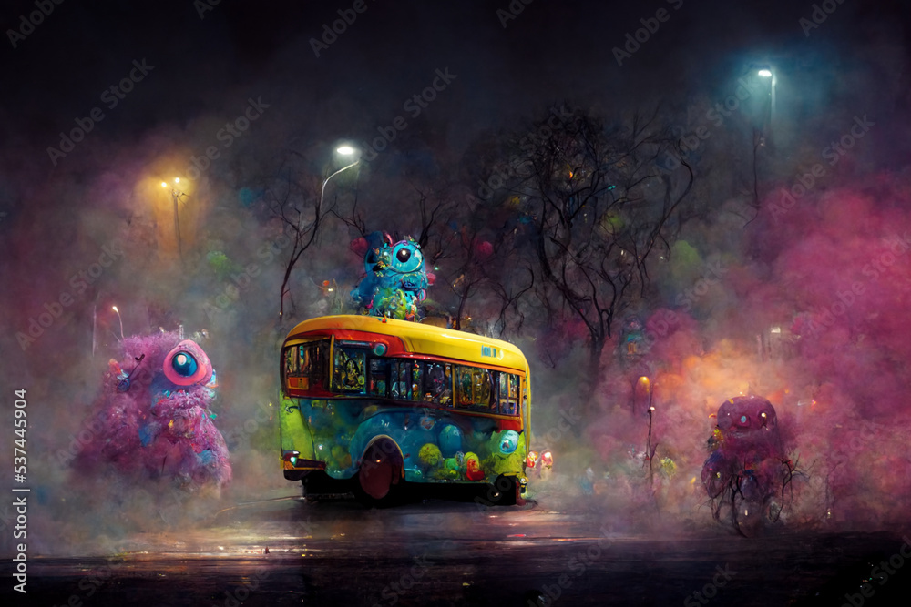 Cute colorful monsters chasing the bus. Funny aliens at the bus stop ...