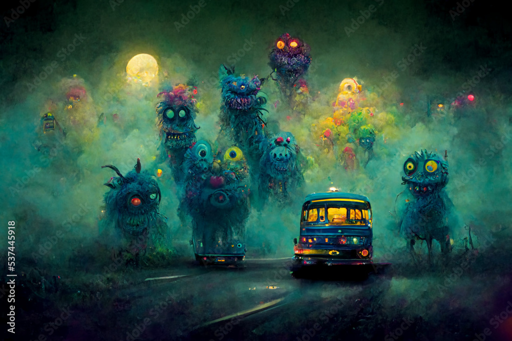 Cute colorful monsters chasing the bus. Funny aliens at the bus stop ...