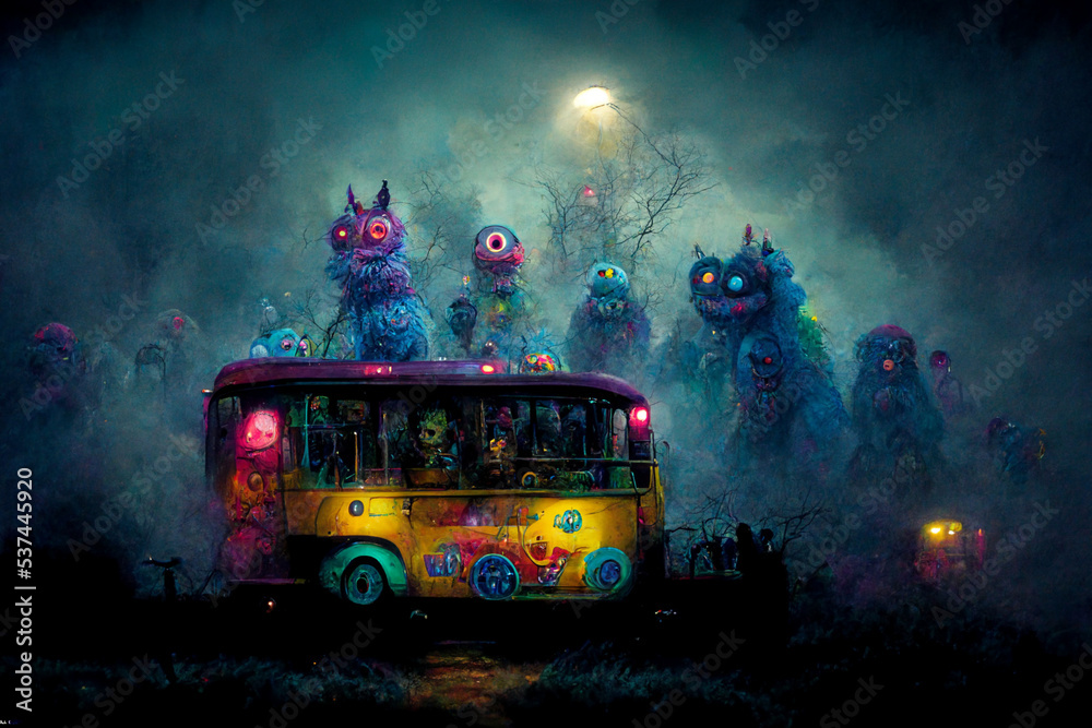 Cute colorful monsters chasing the bus. Funny aliens at the bus stop ...