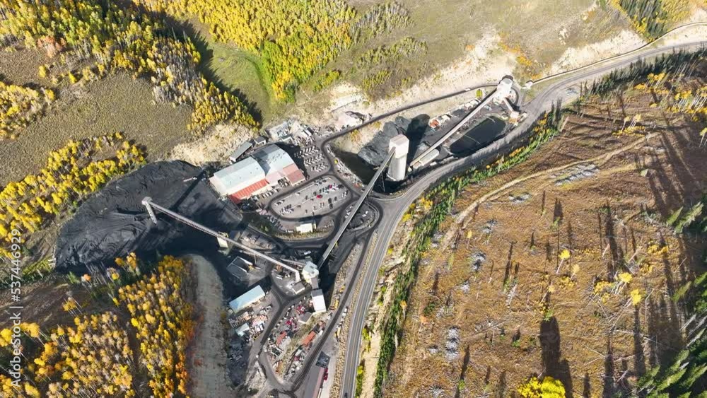 Aerial coal mine autumn mountain Utah climb pull 3. Extracting coal ...