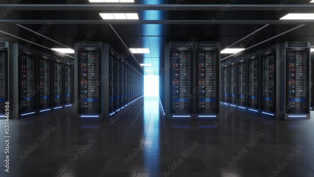 Network and data servers behind glass panels in a server room of a data ...