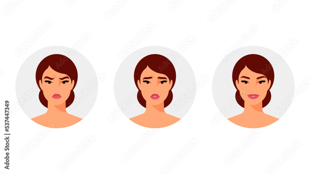 Different face expressions. beautiful girl with sad, happy and angry ...