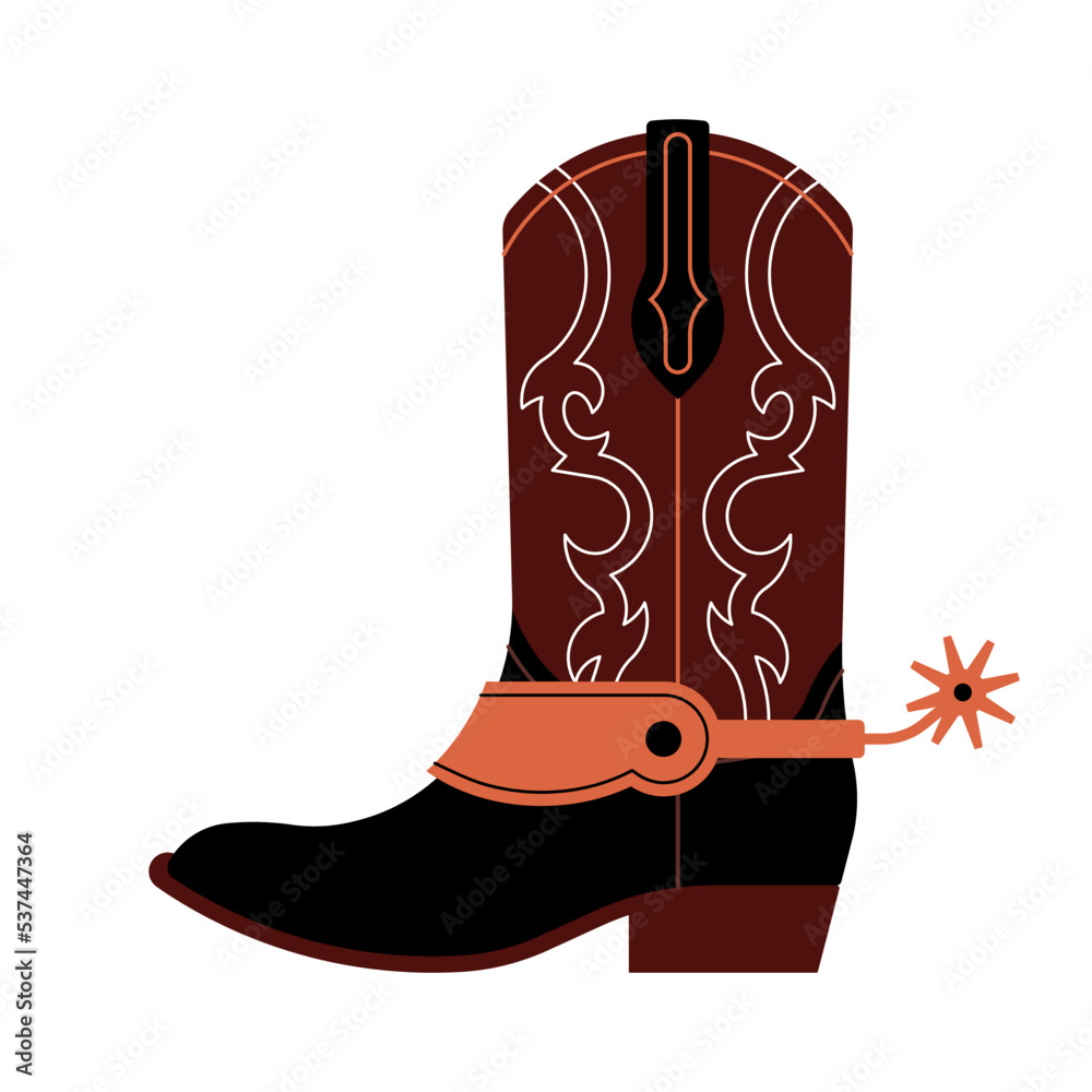 Cowboy boot with spurs. Brown leather footwear with embroidered ...