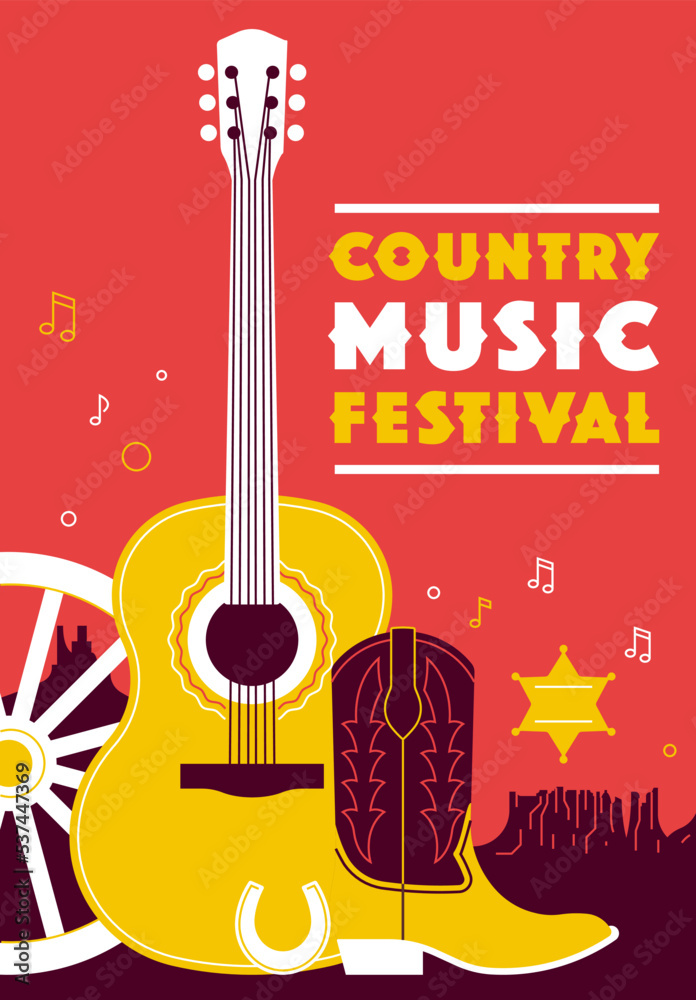 Country music festival poster. Composition with acoustic guitar, cowboy ...