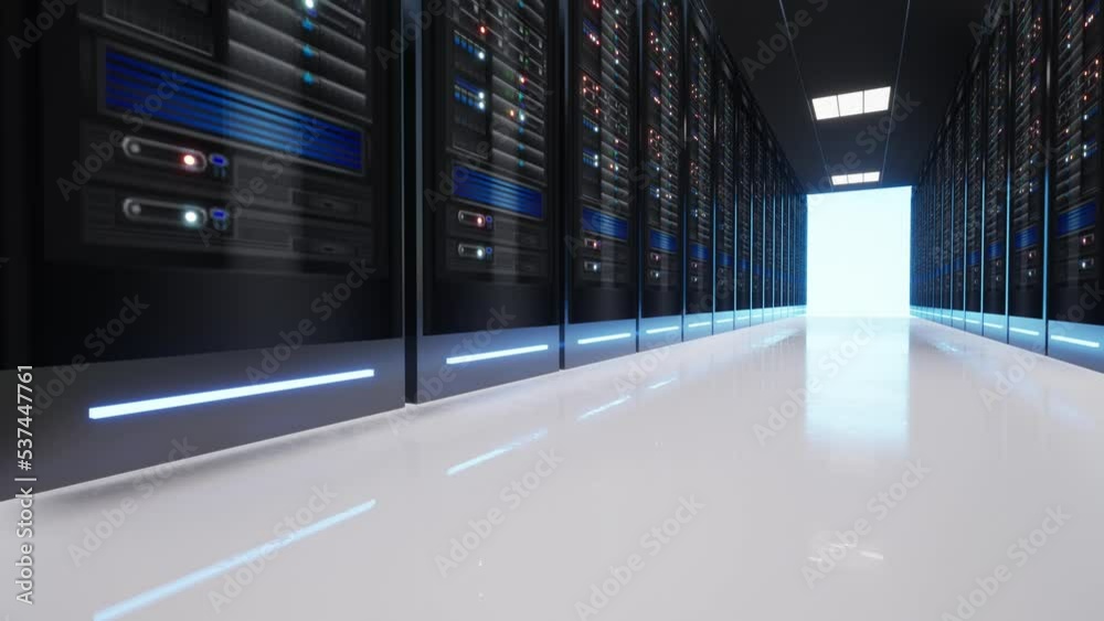 Network and data servers behind glass panels in a server room of a data ...