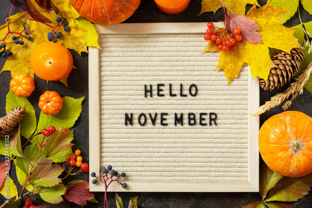 Autumn background with Hello November letters and autumn message board ...
