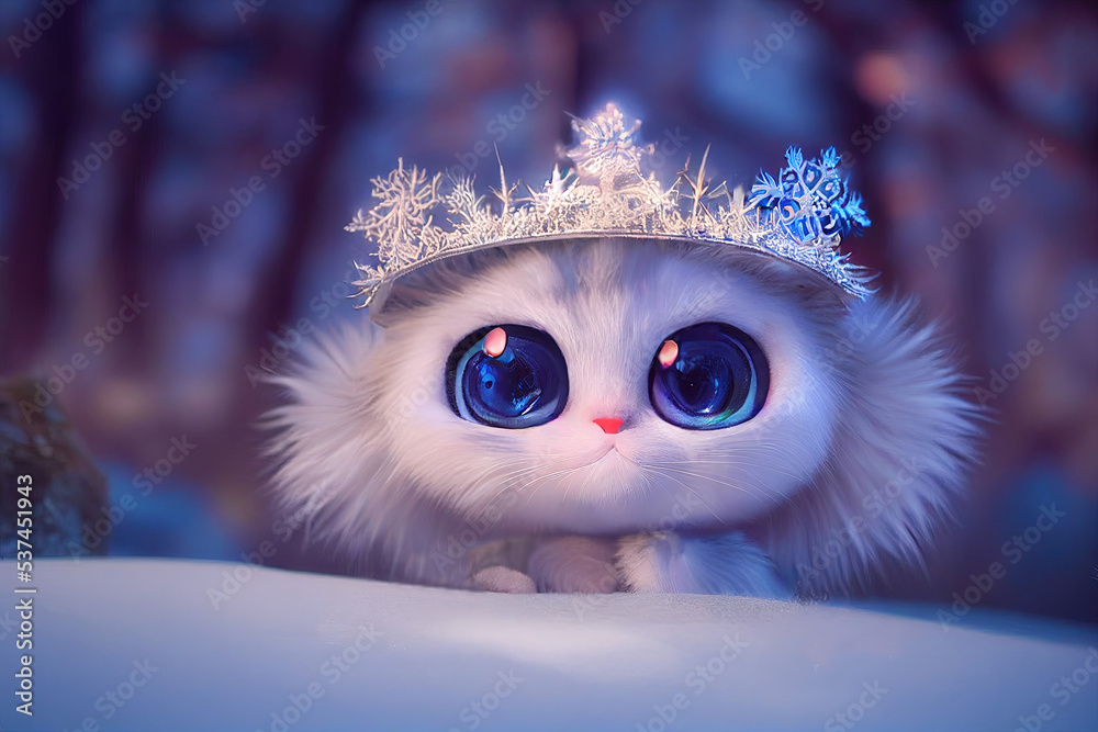 Snow Winter cat. Adorable and Cute Animal Characters. Fantasy Backdrop ...